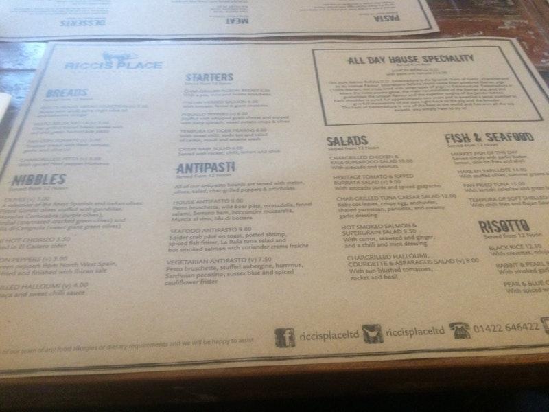 Menu at Ricci’s Place restaurant, Halifax