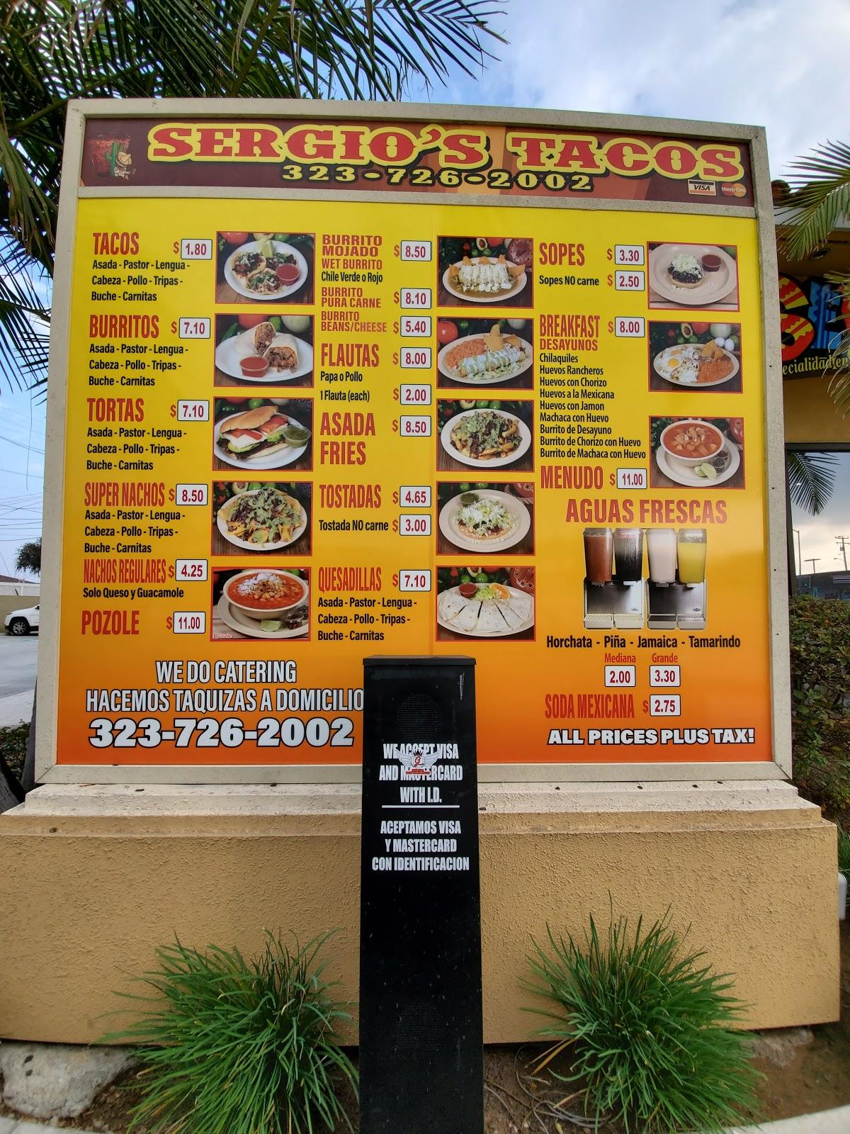 Menu at Sergio's Tacos restaurant, East Los Angeles, E Olympic Blvd