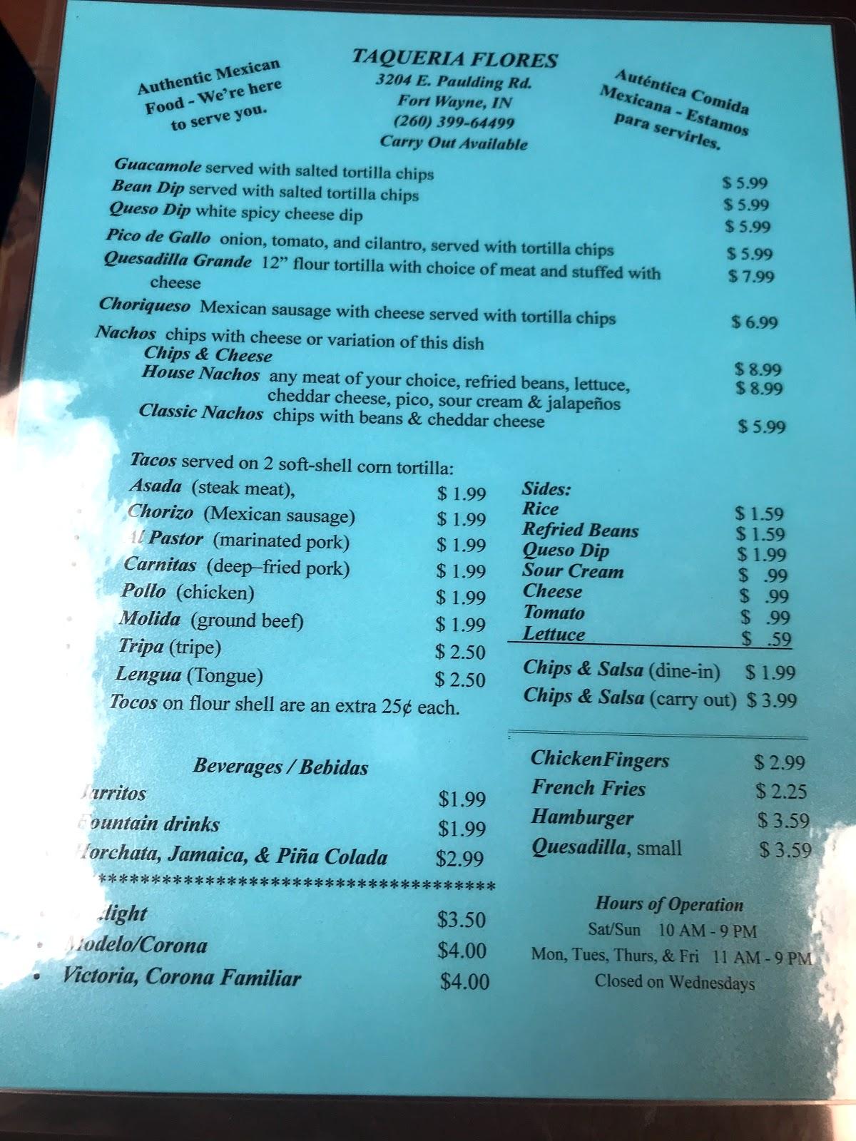 Menu at Taqueria Flores restaurant, Fort Wayne, E Paulding Rd