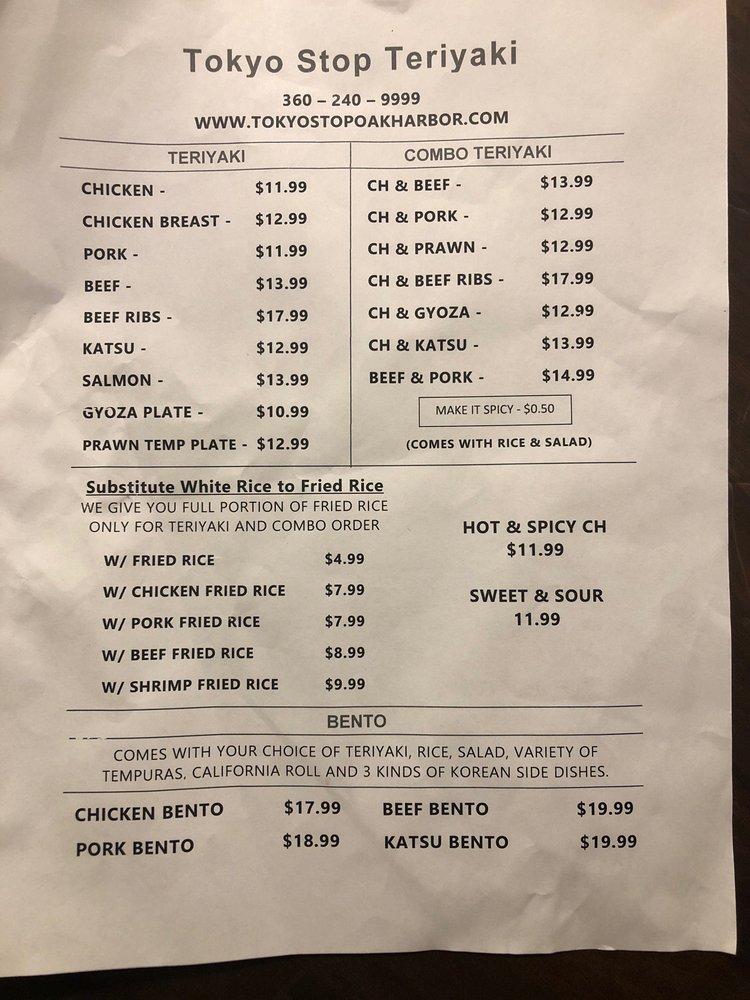 Menu at Tokyo Stop Teriyaki restaurant, Oak Harbor