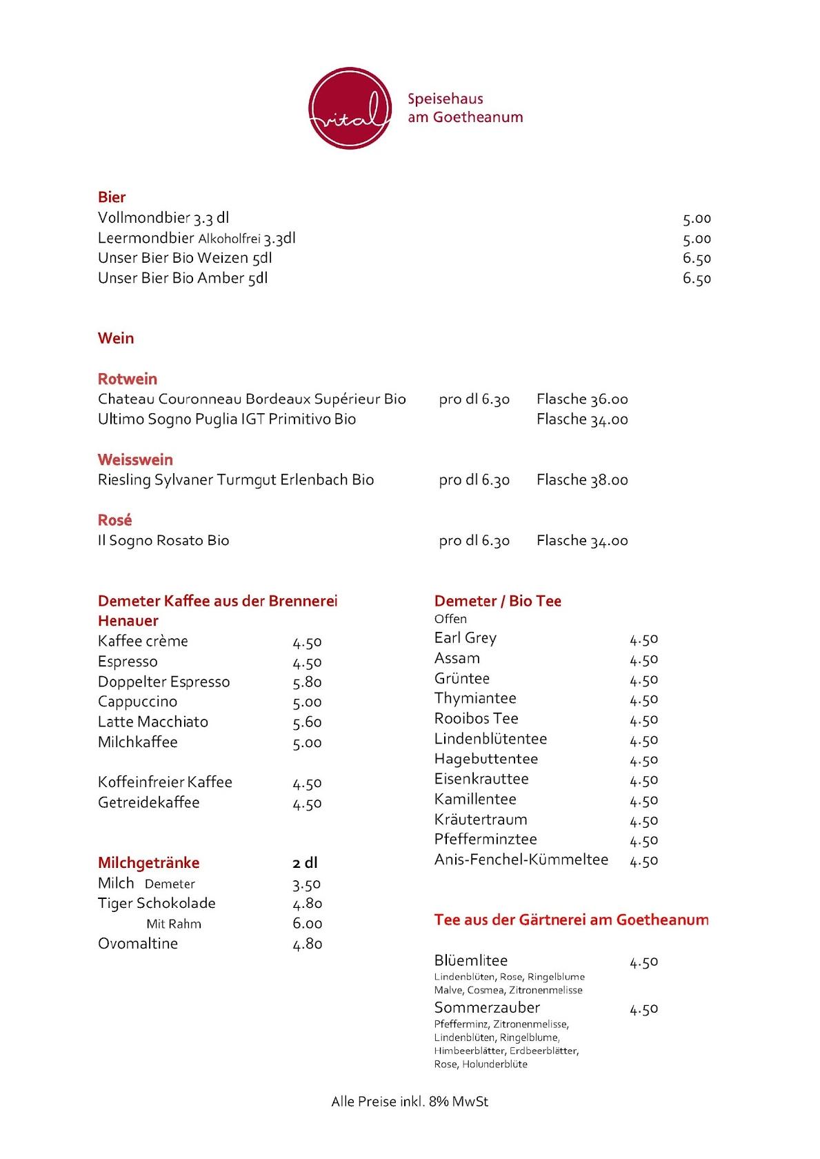 Menu at Vital Speisehaus, Dornach