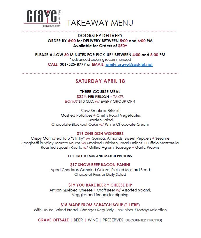 Menu at Crave Kitchen + Wine Bar, Regina