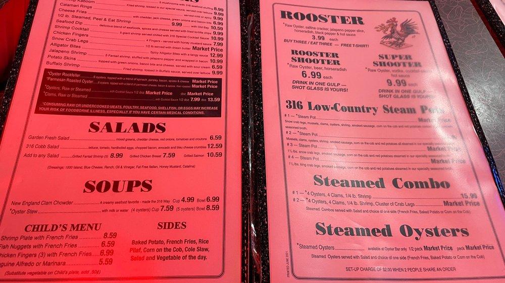 Carta de 316 Oyster Bar, Fayetteville