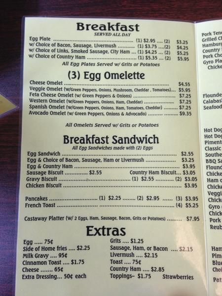 Menu at Castaway Grill restaurant, Ocean Isle Beach