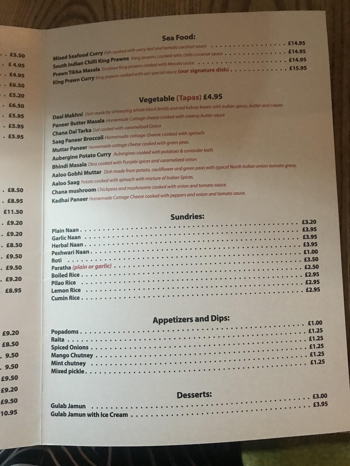 Menu at Curry Cottage restaurant, Glasgow