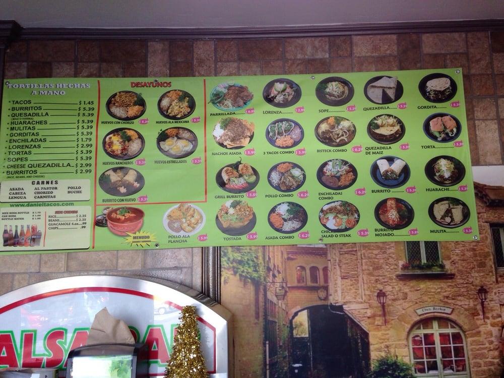 Menu at Daniel's Tacos restaurant, Los Angeles, Cahuenga Blvd