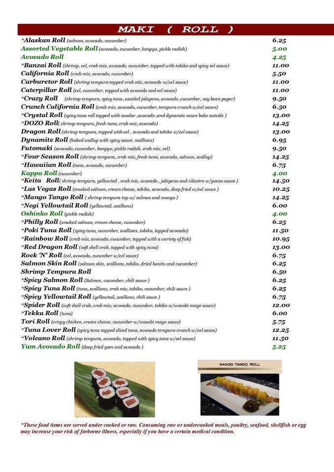 Menu at DOZO Izakaya restaurant, Tempe