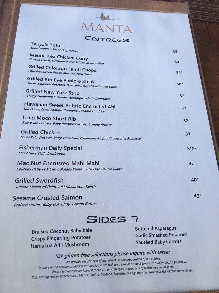 Menu at Manta Restaurant, Puako, Mauna Kea Beach Hotel