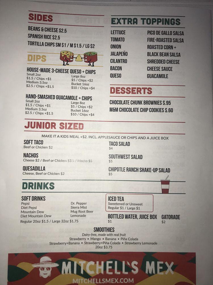 Menu at Mitchell's Mexican Grill restaurant, Delphi