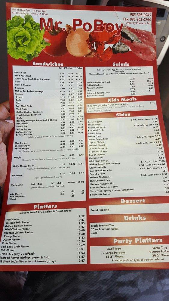 Menu at Mr. Po-Boy - West Side restaurant, Houma, 621 Enterprise Dr