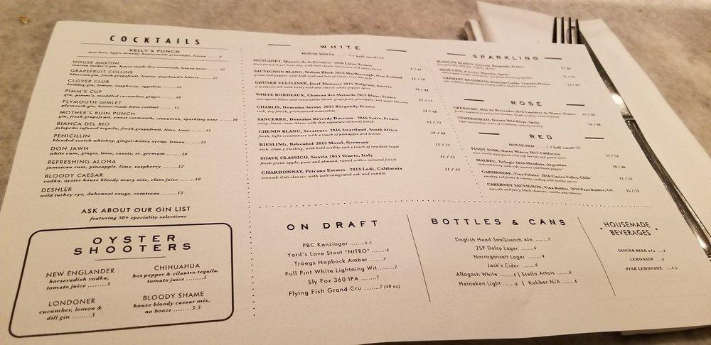 Menu at Oyster House restaurant, Philadelphia