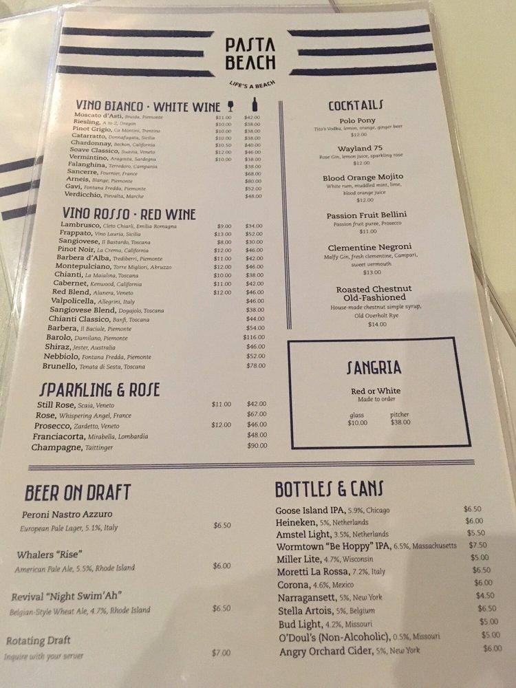 Menu at Pasta Beach Providence pizzeria, Providence