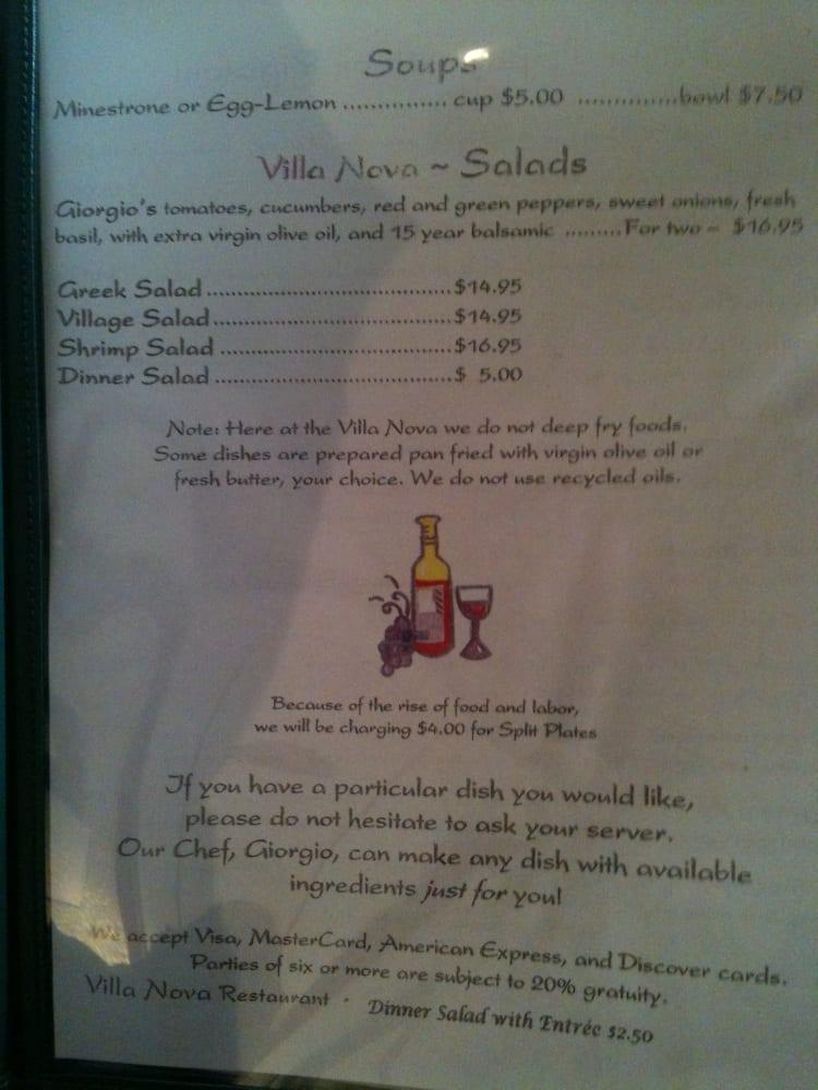 Menu at Villa Nova Restaurant, Anchorage