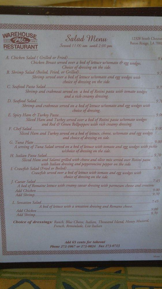 Menu at Warehouse Restaurant, Baton Rouge