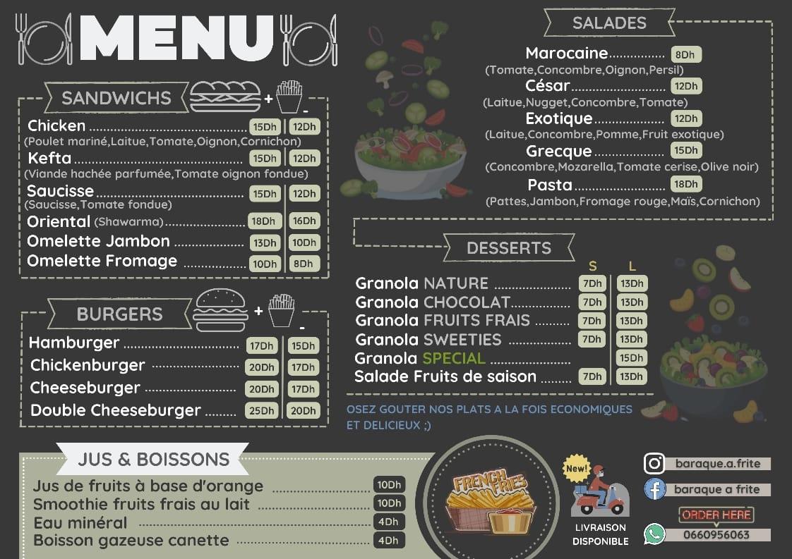 Menu au Baraque a frite et jus, Casablanca