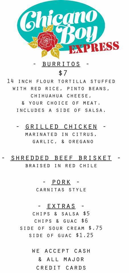 Menu at Chicano Boy Taco restaurant, Staunton