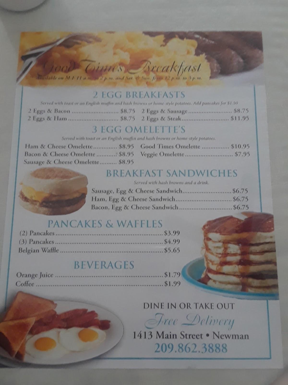 Menu at Good Times restaurant, Newman