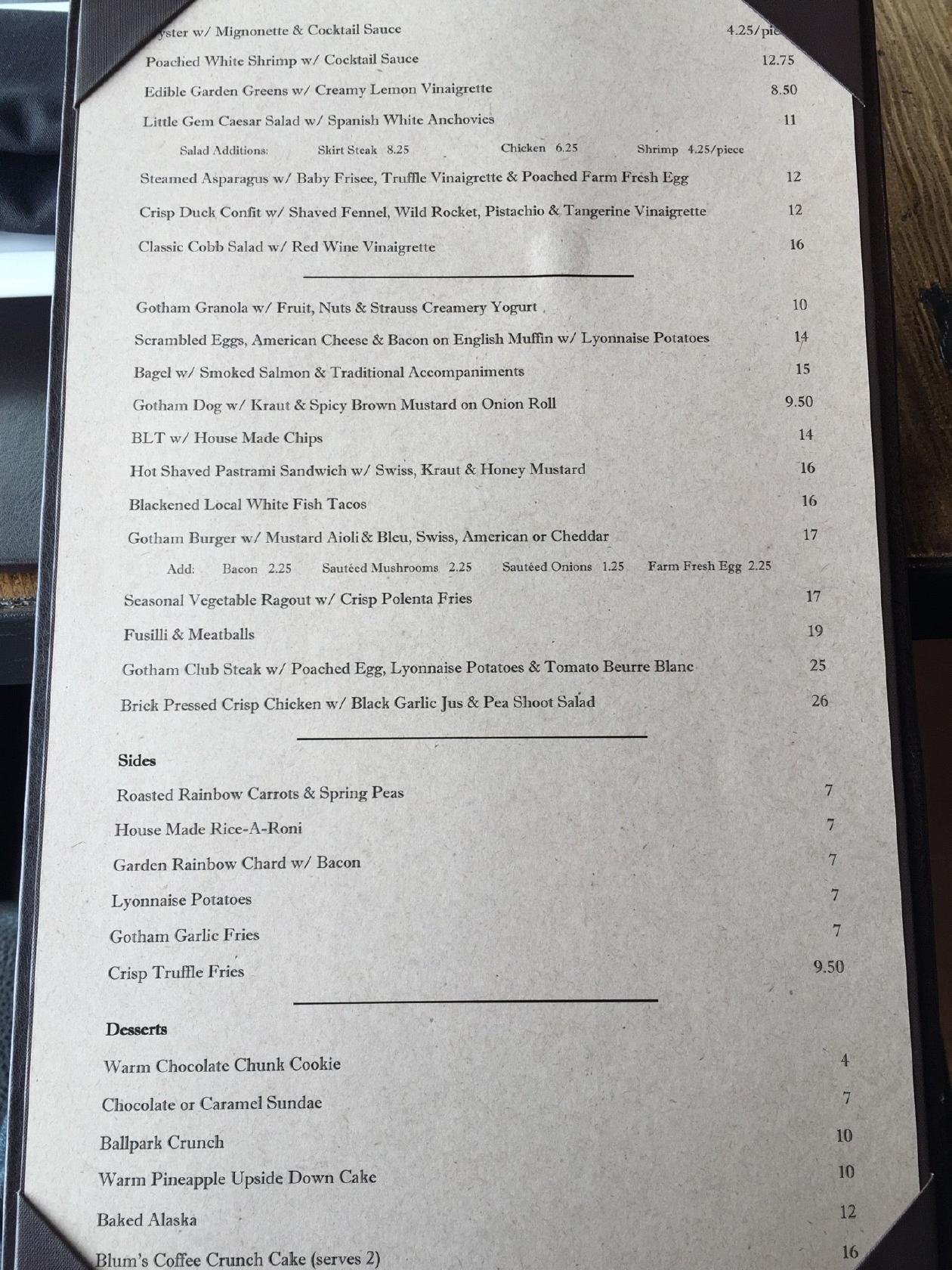 Menu at Gotham Club, San Francisco