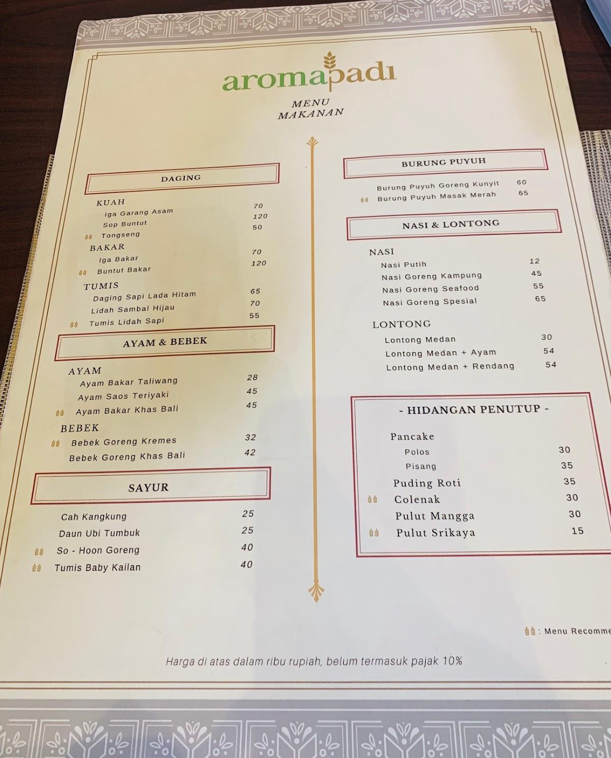 Menu at Ladang Padi restaurant, South Jakarta