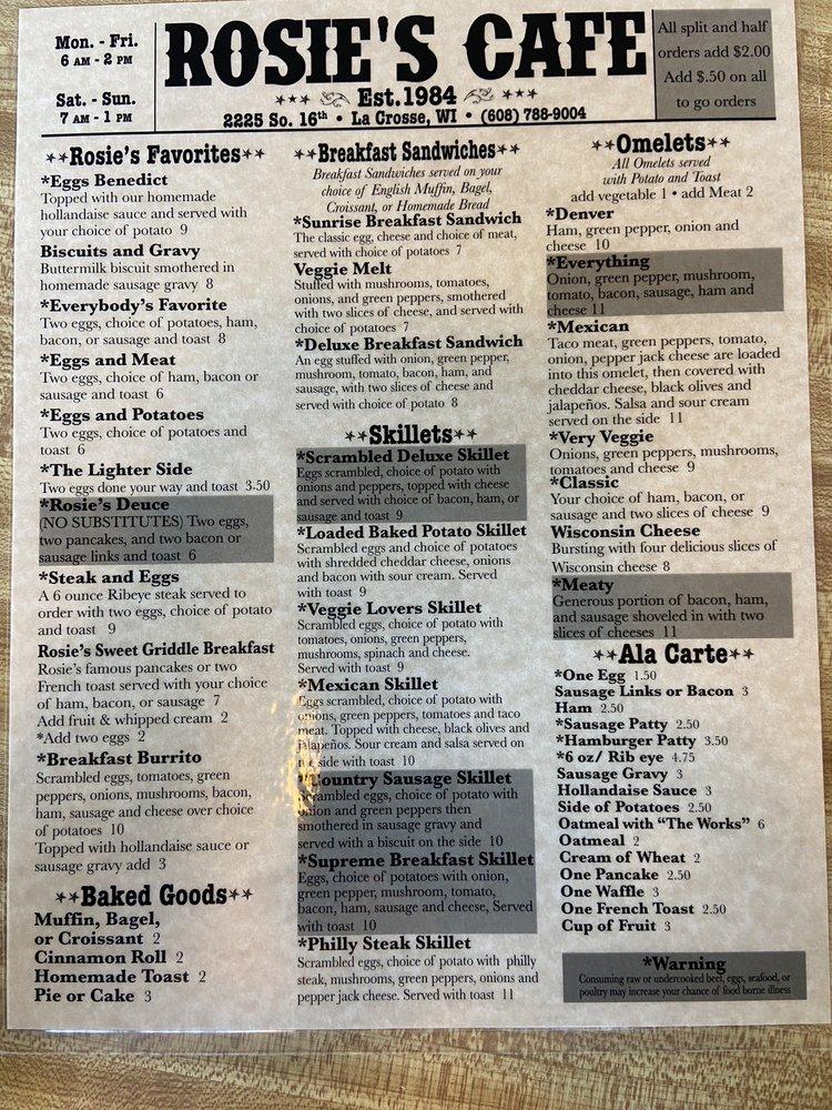 Menu at Rosie's Cafe, La Crosse