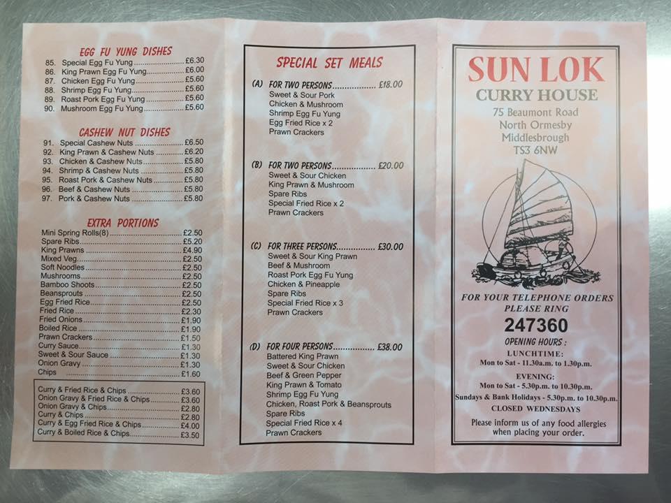 Menu at Sunlok Curry House fast food, Middlesbrough