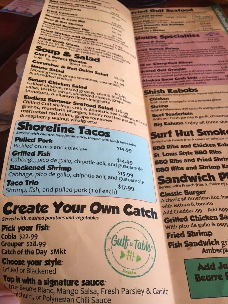 Menu at Surf Hut restaurant, Destin