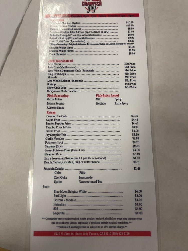 Menu at The Crawfish Guy restaurant, Fresno