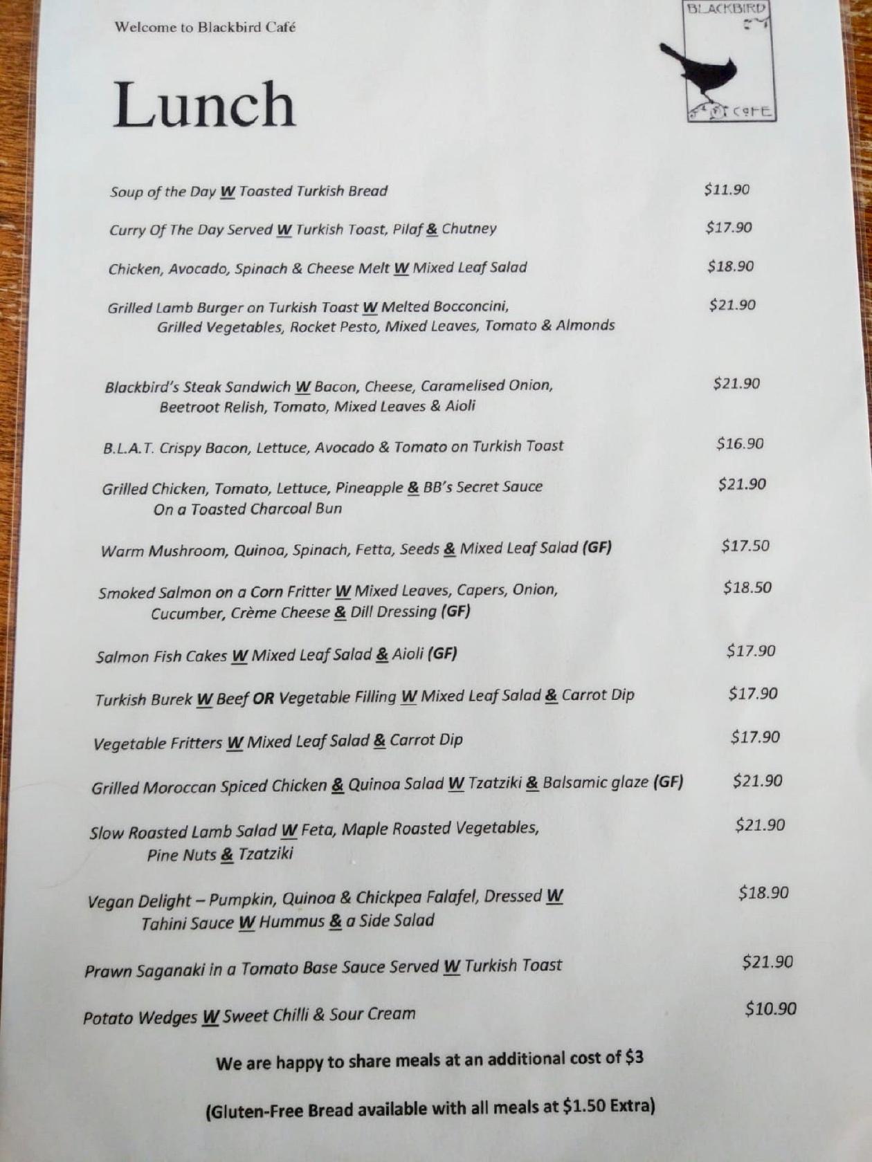 Menu at Blackbird Cafe., Mornington