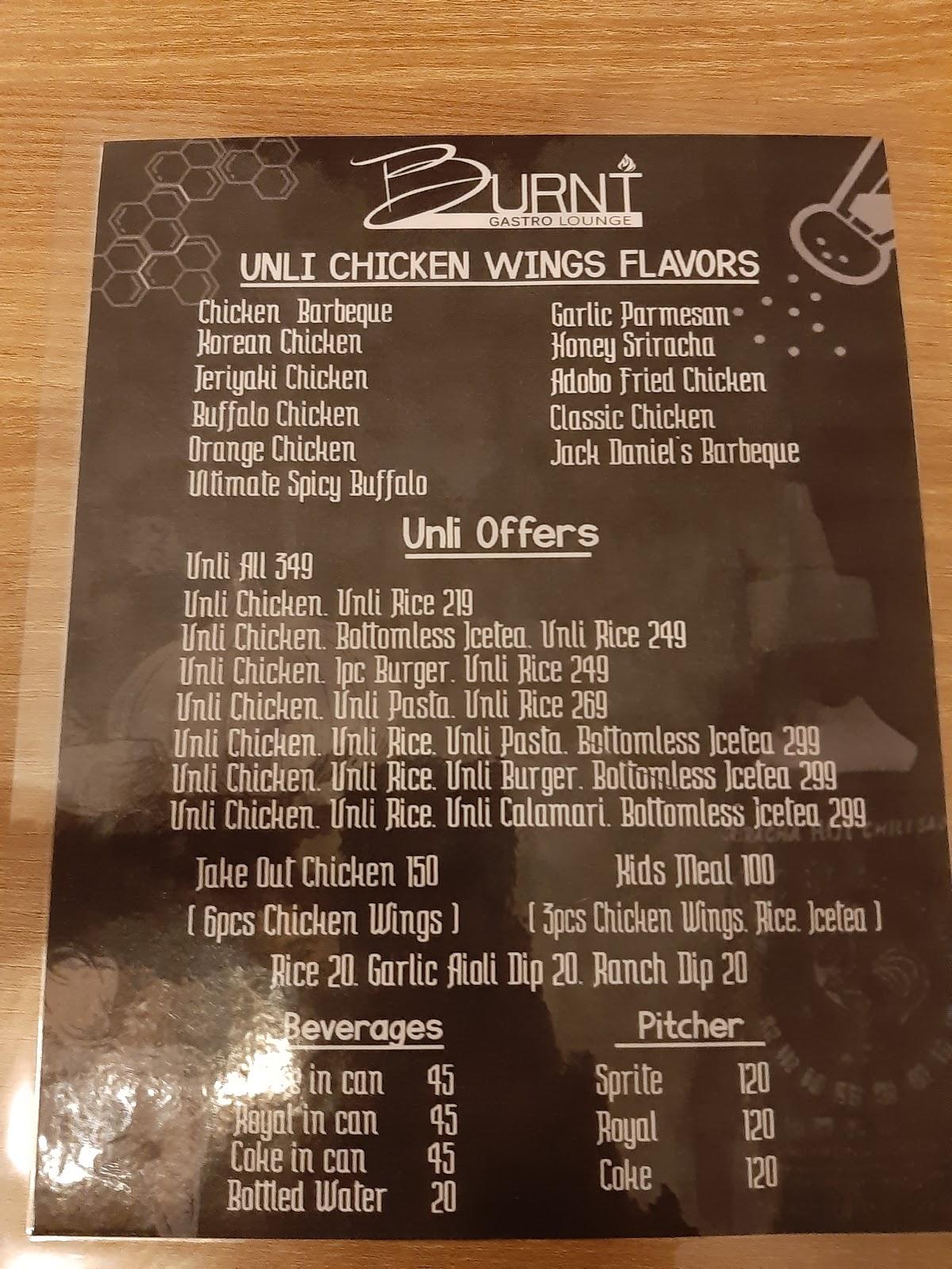 Menu at Burnt Gastro Lounge restaurant, Lipa