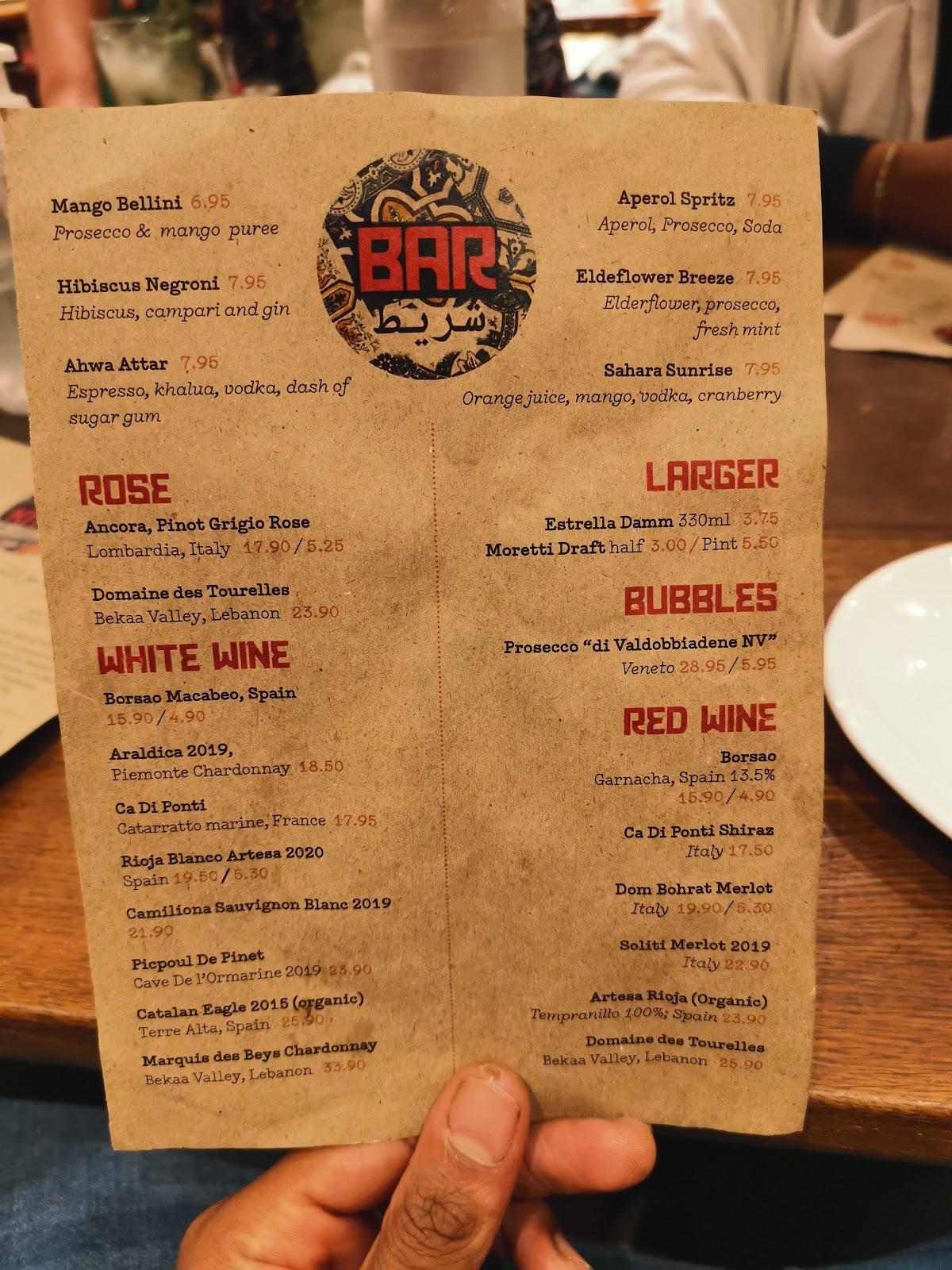 Carta del restaurante Cairo Kitchen, Londres