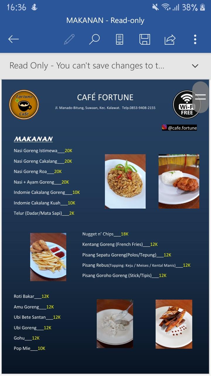 Menu at Fortune Cafe & Swimming Pool, Airmadidi Atas