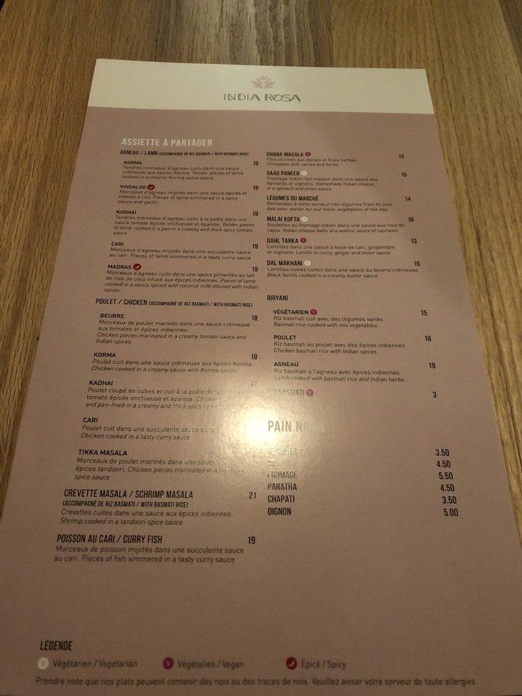 Carta del pub y bar India Rosa, Montréal