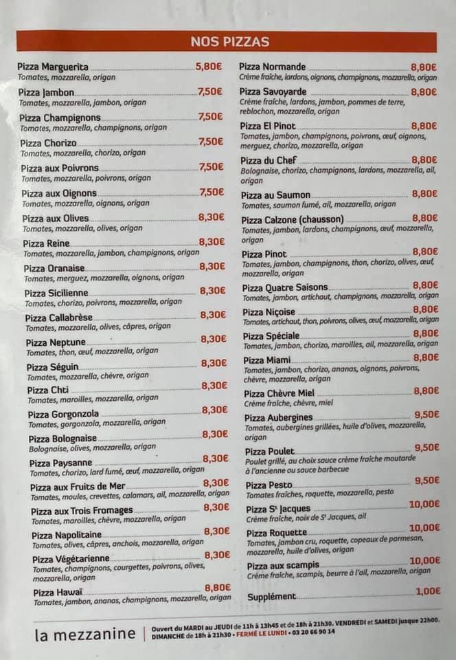 Menu at La Mezzanine pizzeria, Lys-lez-Lannoy, 100 Rue du Fresnoy
