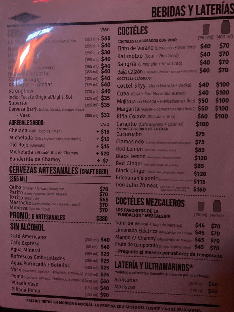 Carta del pub y bar La Negrita Cantina, Merida, Calle 62 esquina