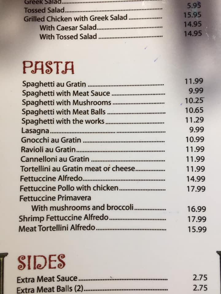 Menu at Romano's pizzeria, Saint John