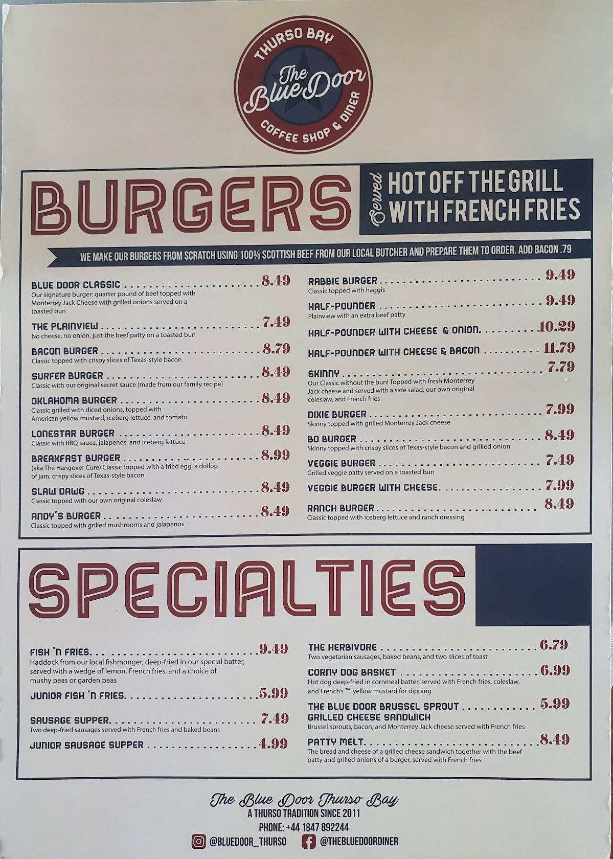 Menu at The Blue Door Coffee Shop & Diner restaurant, Thurso