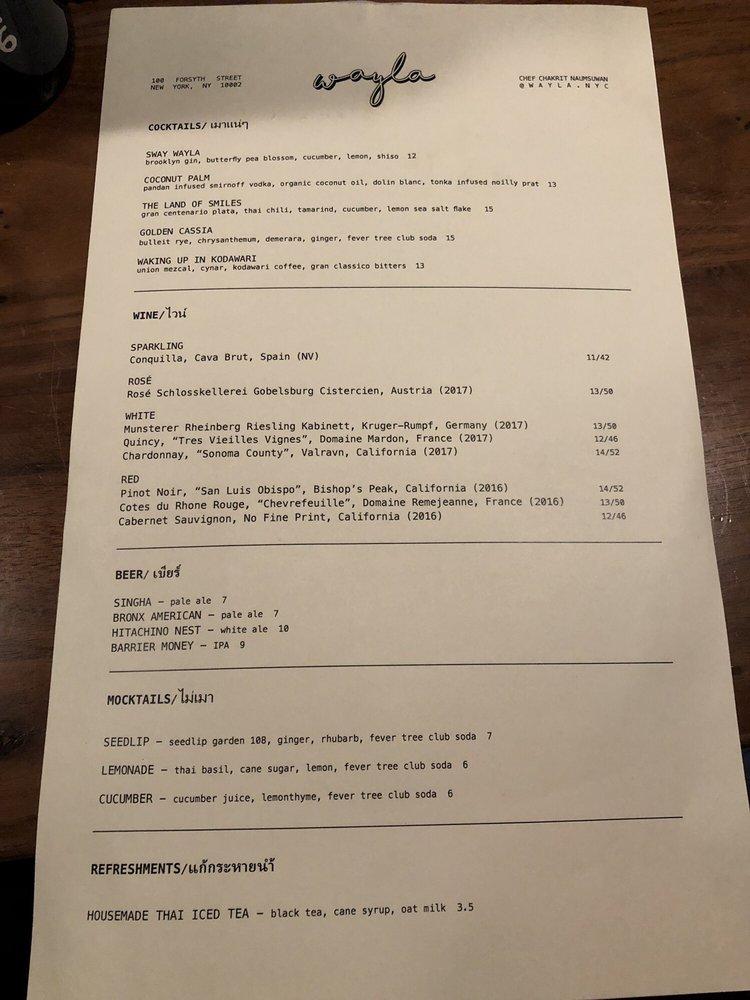 Menu at Wayla restaurant, New York City, 100 Forsyth St