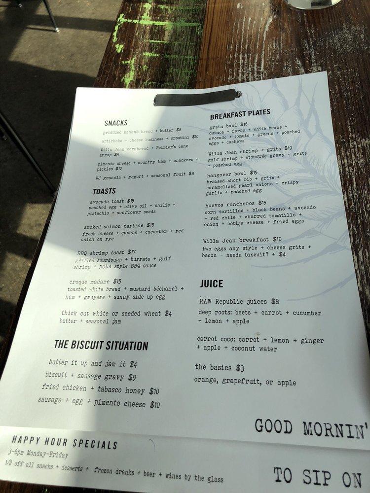 Menu at Willa Jean cafe, New Orleans