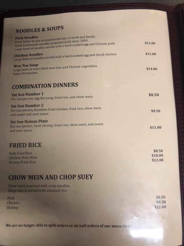 Menu at Yat Son Restaurant, East Helena