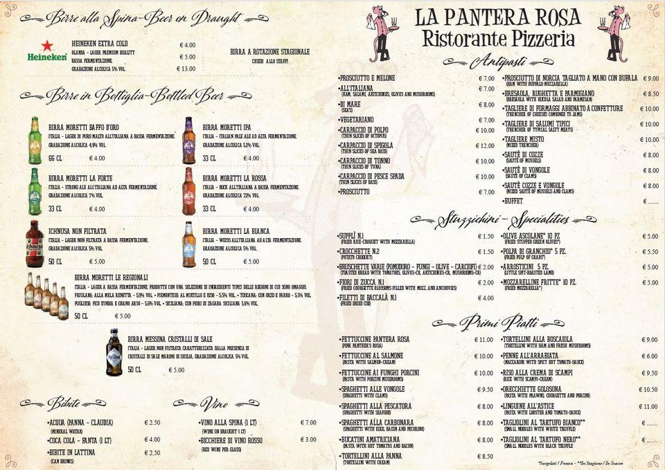 Menu da La Pantera Rosa ristorante, Roma, Piazzale del Verano