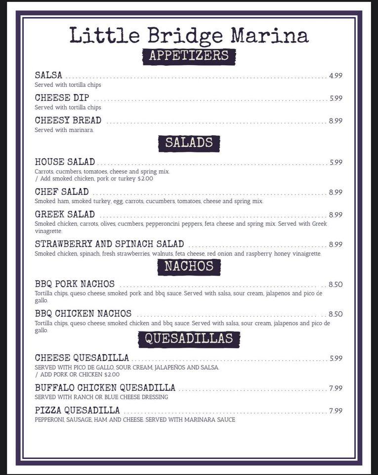 Menu at Little Bridge Marina LLC BBQ, Rainbow City