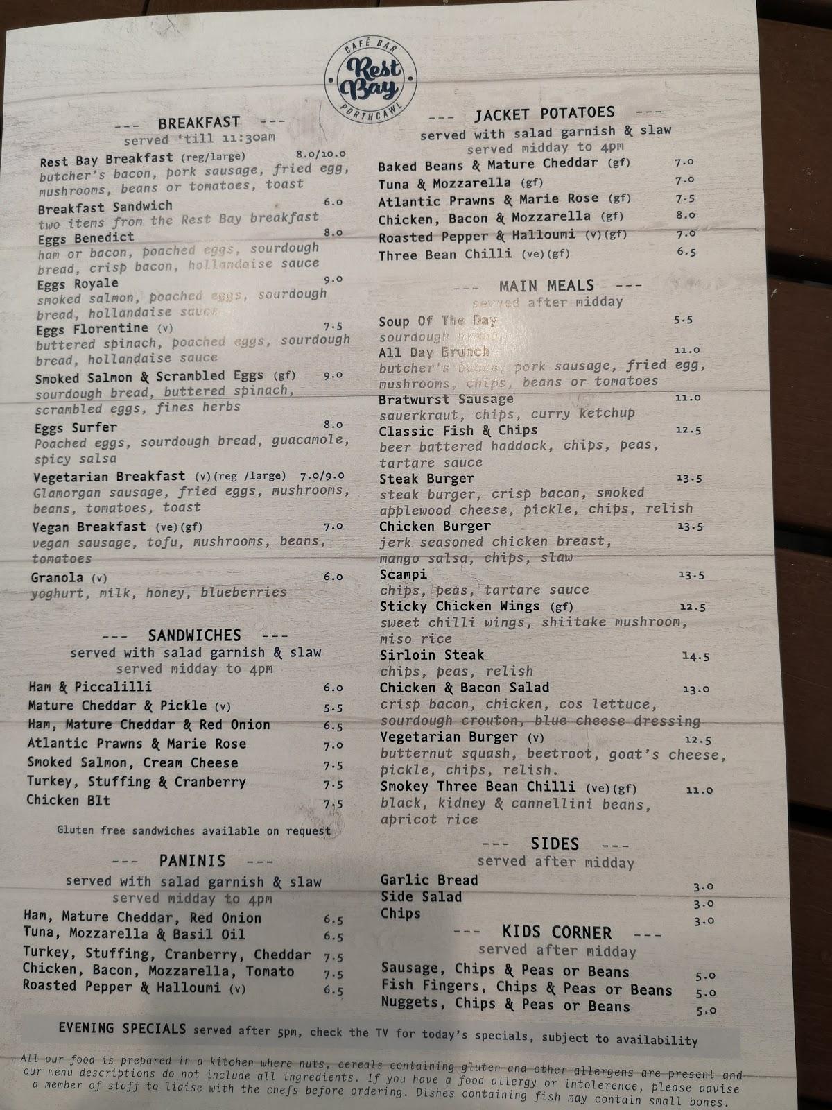 Menu at Rest Bay Café Bar, Porthcawl, Rest Bay