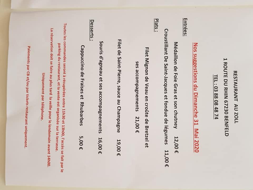 Menu au Restaurant Au Zoll, Benfeld