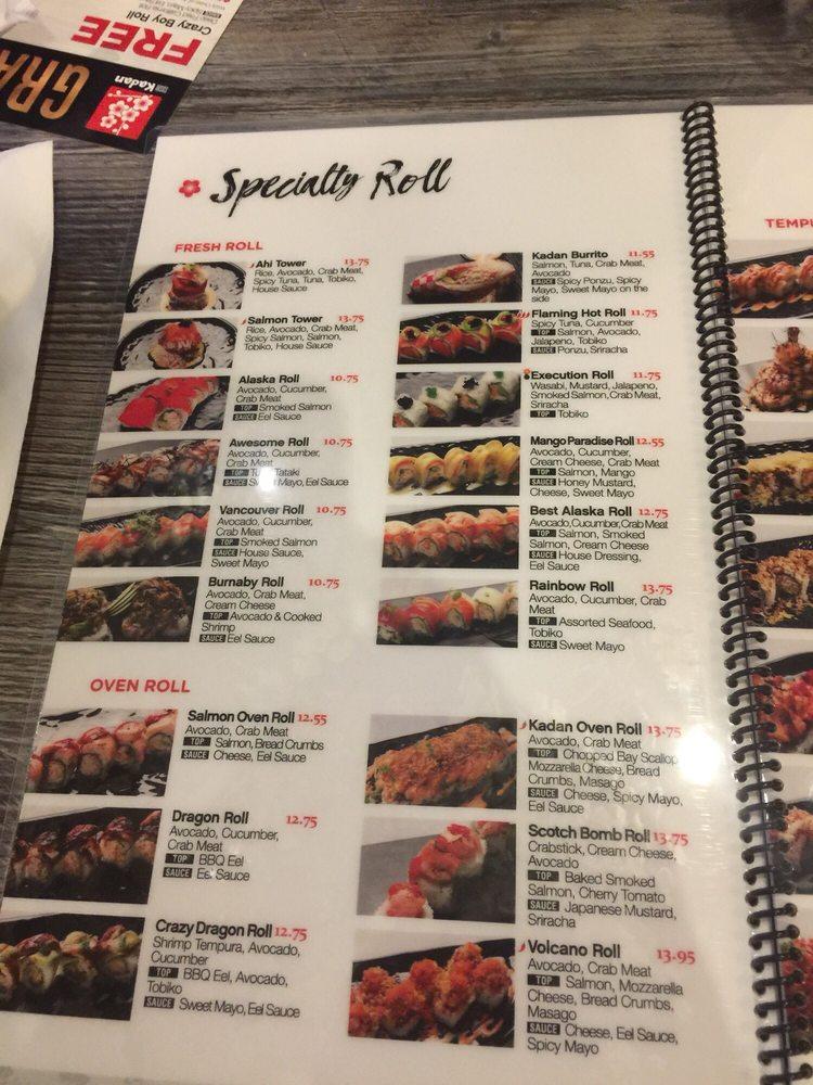 Menu at Sushi Kadan restaurant, Carrollton