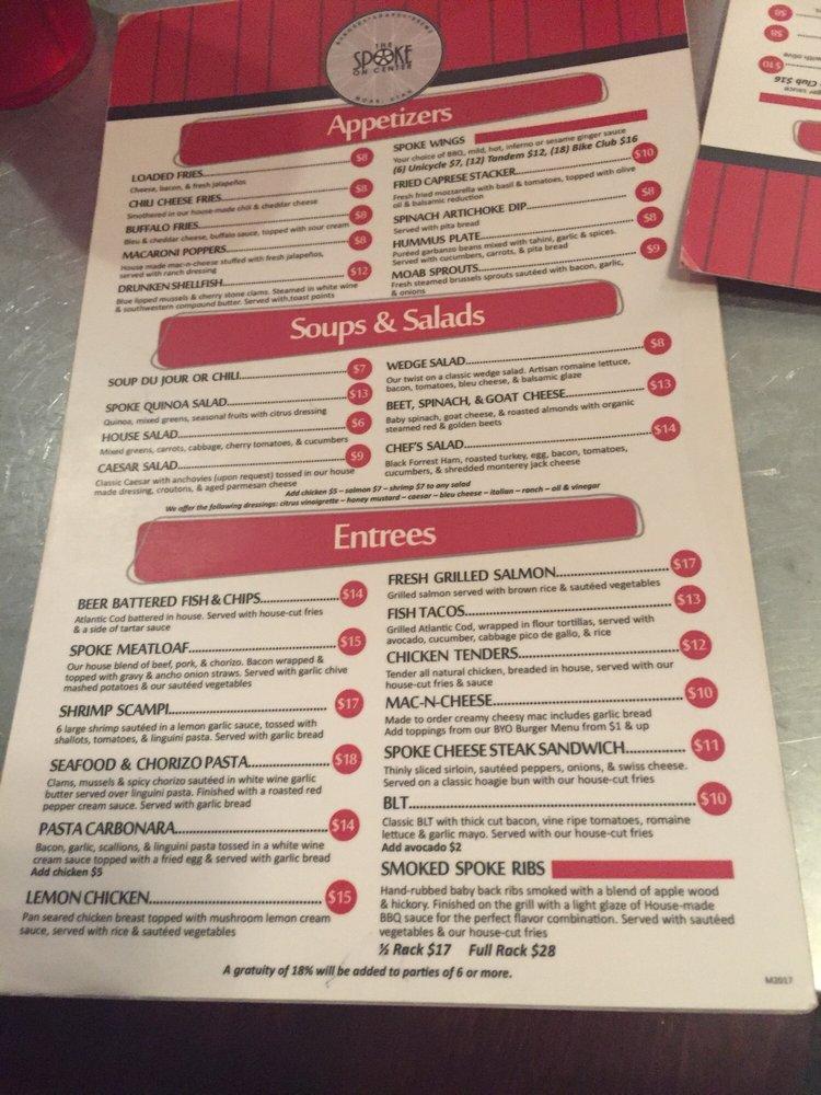 Menu at The Spoke on Center restaurant, Moab