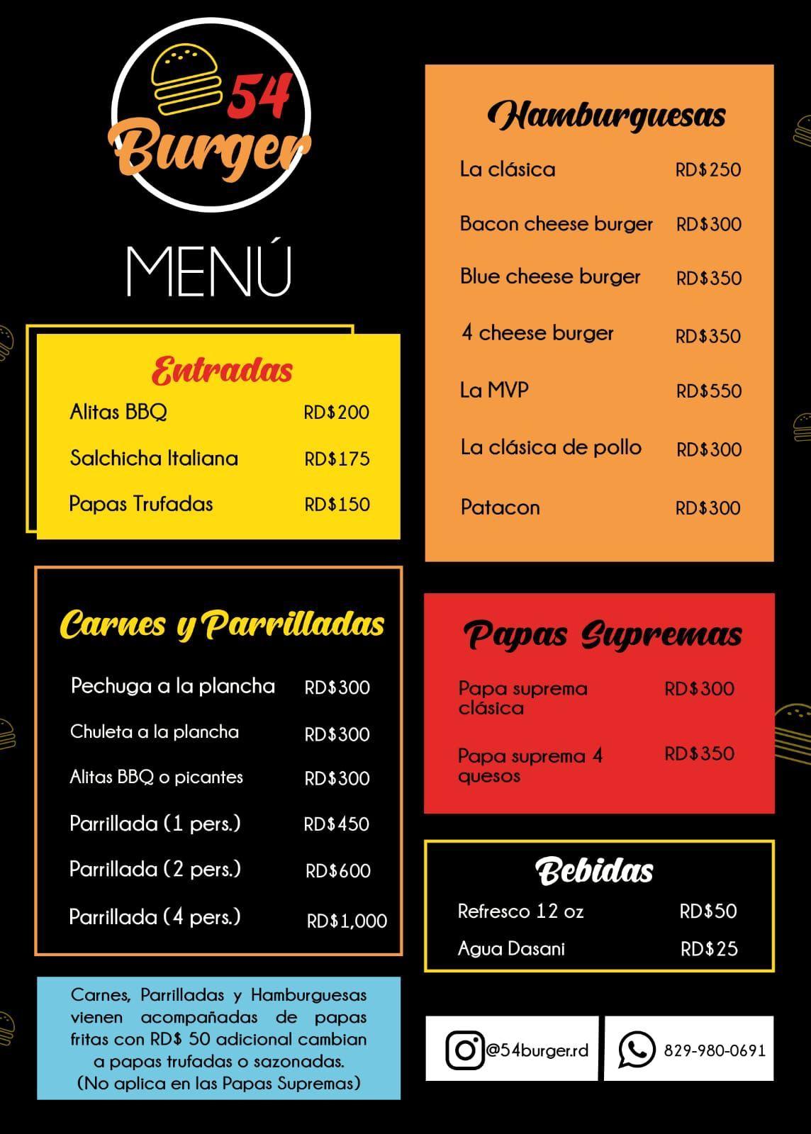 Menu at 54 Burger restaurant, Santo Domingo
