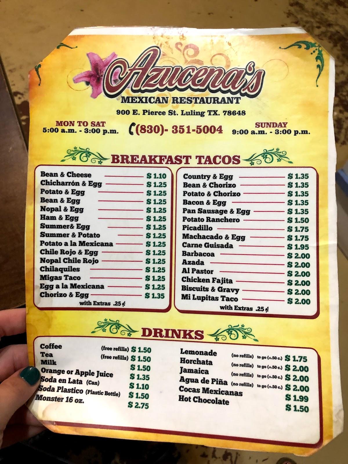 Menu at Azusena's Mexican Grill restaurant, Luling