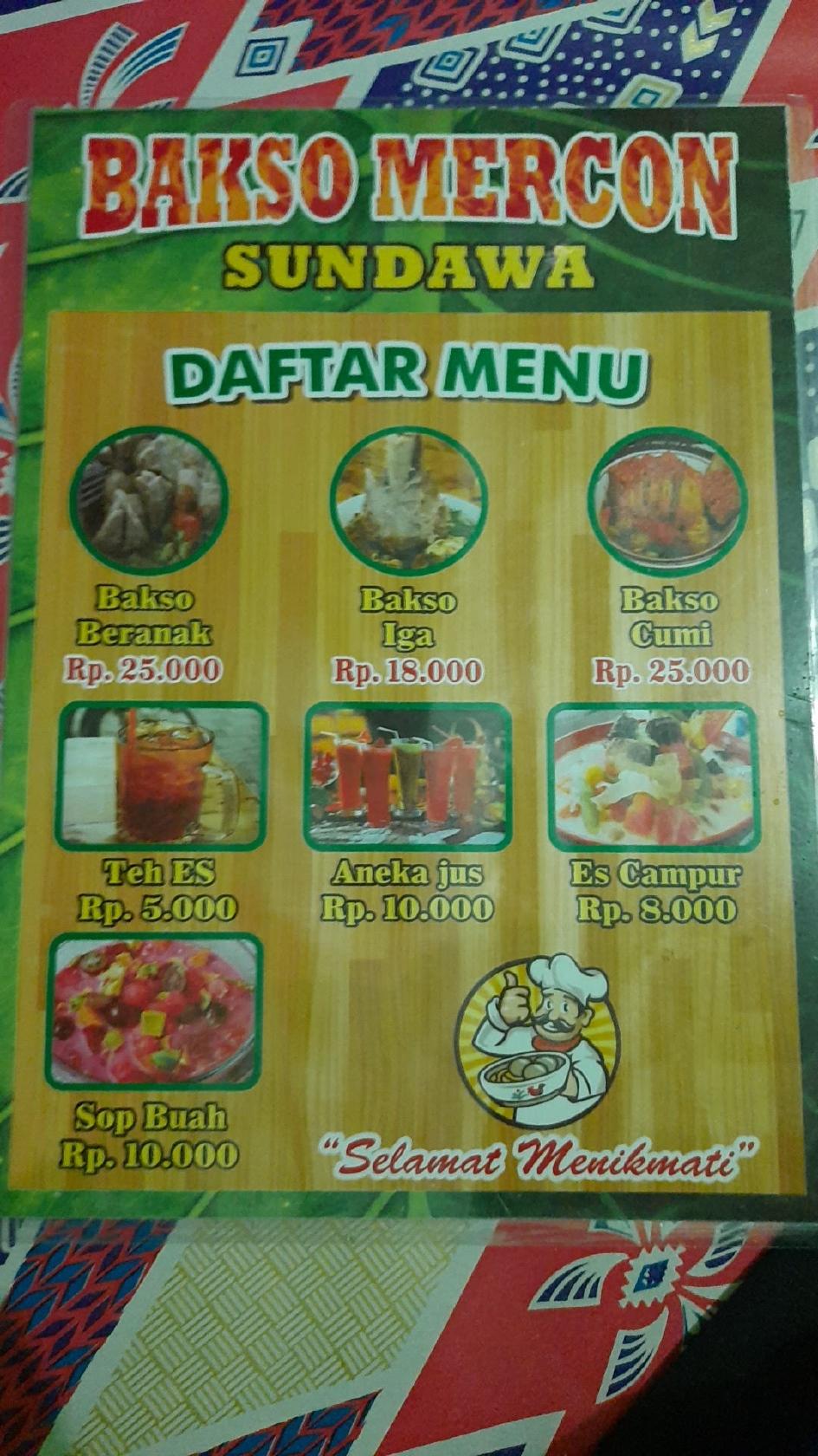 Menu at Bakso Mercon SUNDAWA restaurant, Merlung