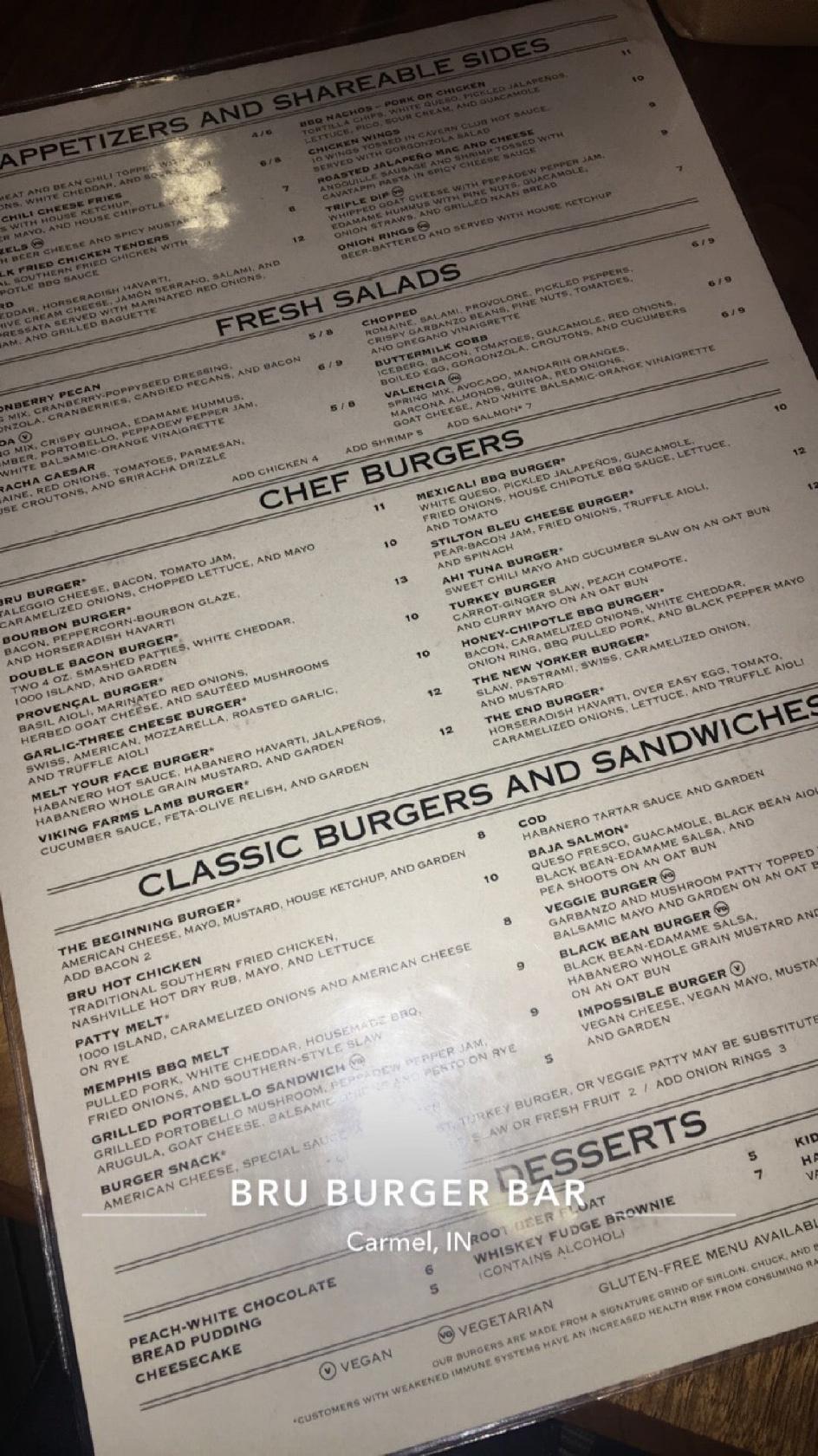 Menu at BRU Burger Bar - Carmel, Carmel, Old Meridian St
