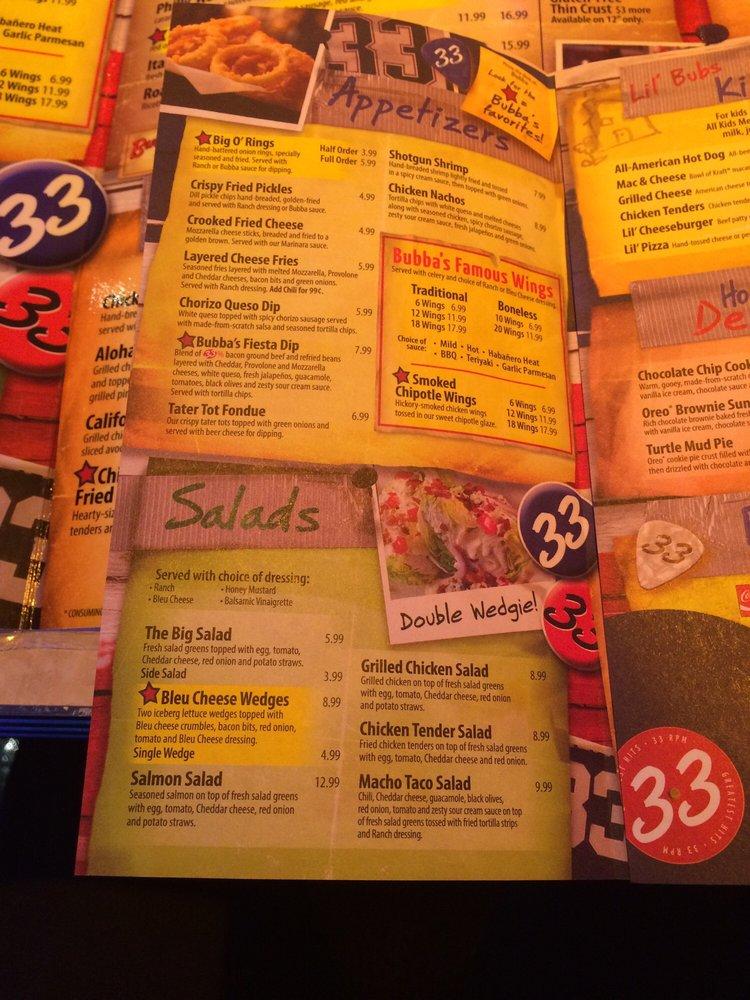 Menu at Bubba's 33 pizzeria, Universal City